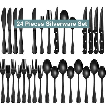 24-Piece Black Silverware Set with Steak Knives, Black Flatware Set for ...