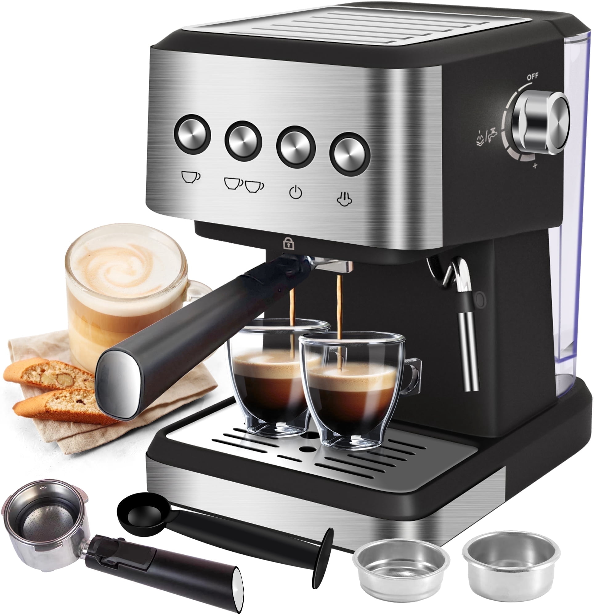 Bluebow Espresso Machine, 20 Bar, 1.5L Water Tank Milk Frother Steam ...