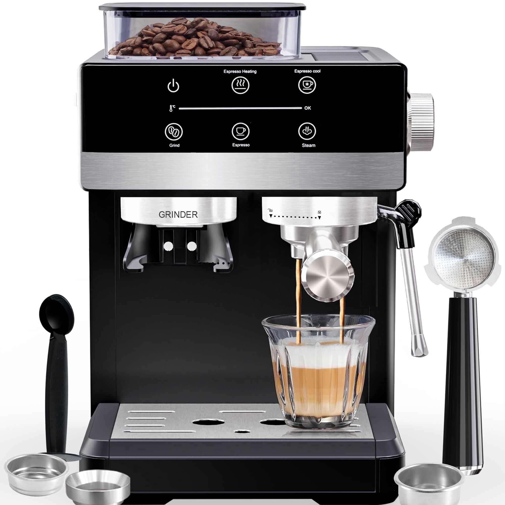 Bluebow Espresso Machine with Grinder, 20Bar, Stainless Steel, 1.5L ...