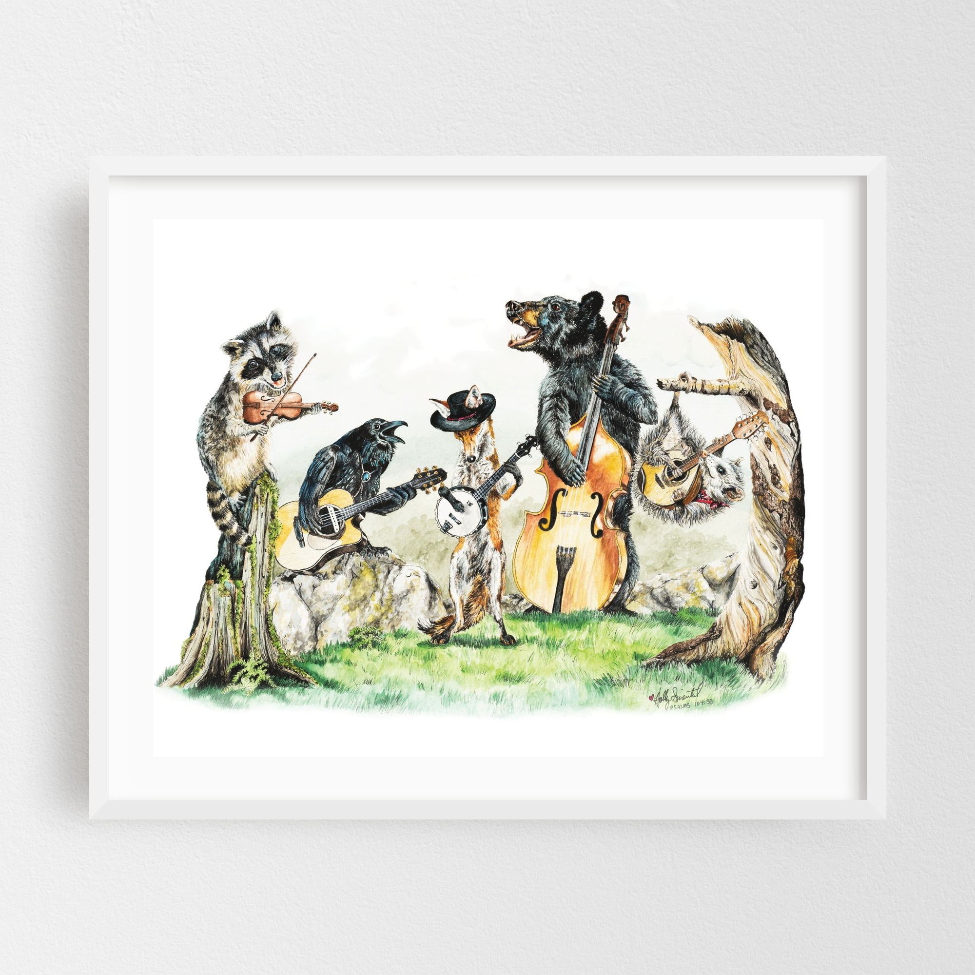 Bluegrass Gang - Painting Humor Whimsical Forest Nature White Framed ...