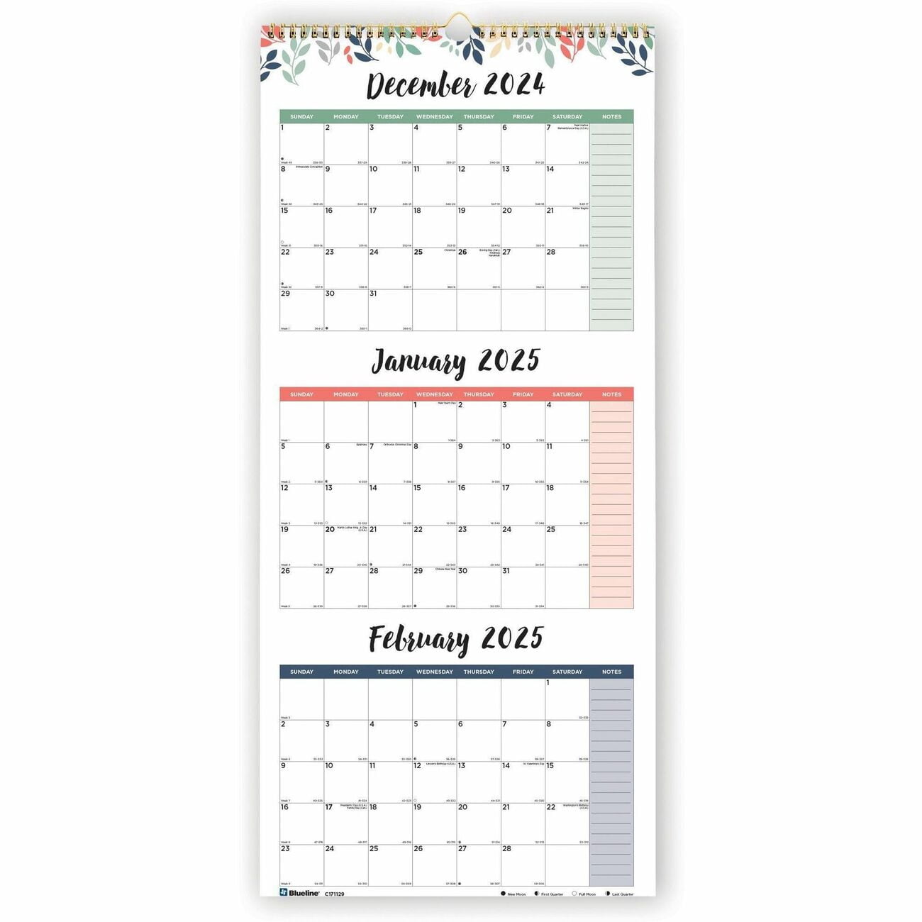 Blueline 3-Month Colorful Wall Calendar (c171129) - Walmart.com