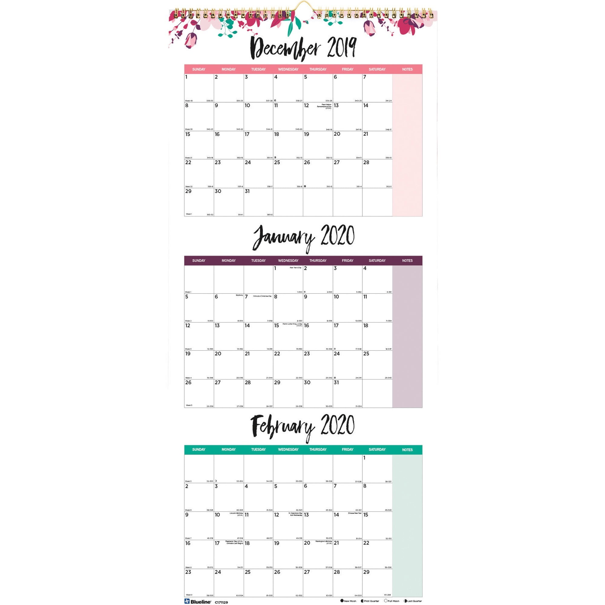 Blueline, REDC171129, 3-Month Colorful Wall Calendar, 1 Each, Floral ...
