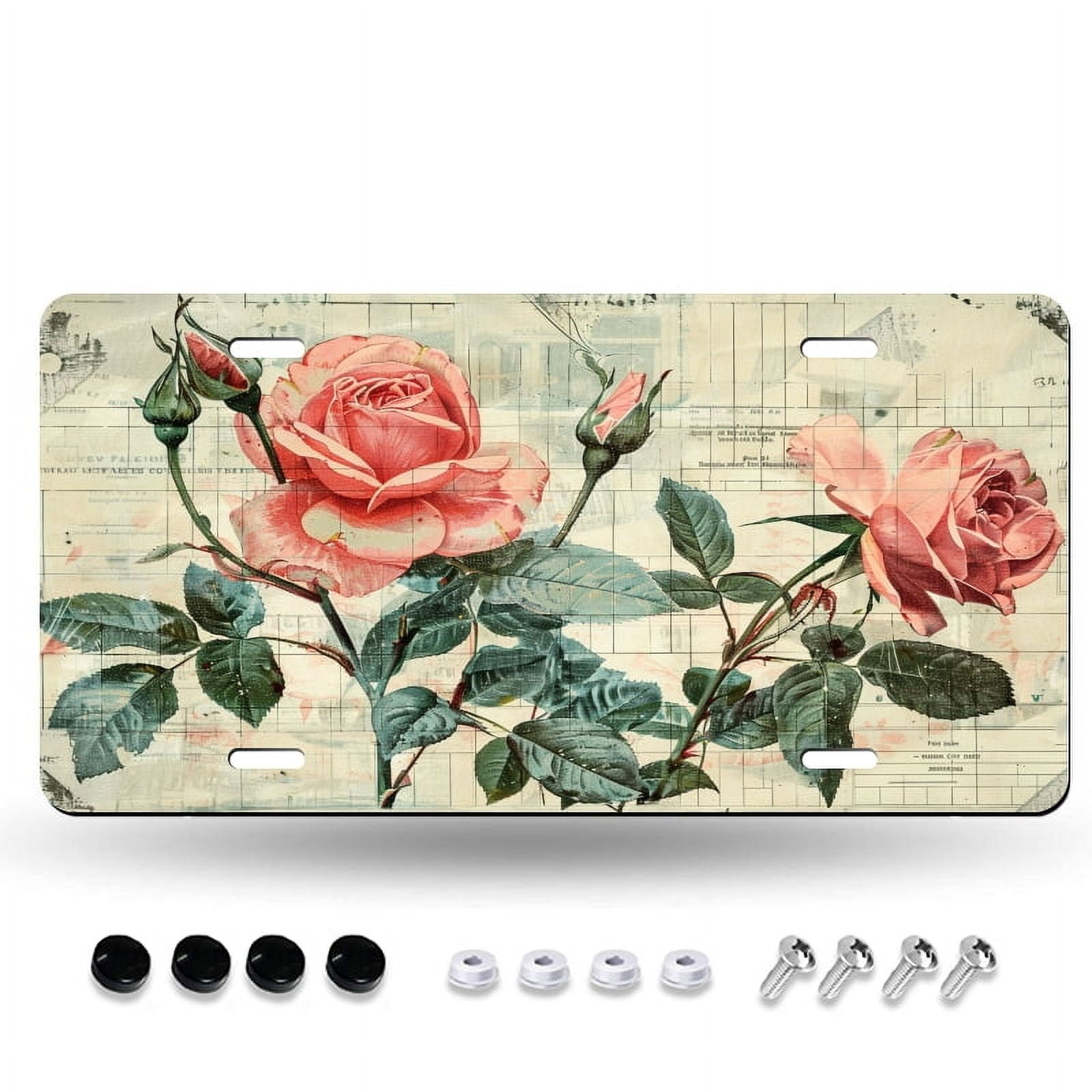 Blueprint Canvas with Blooming Pink Roses License Plate Frame ...