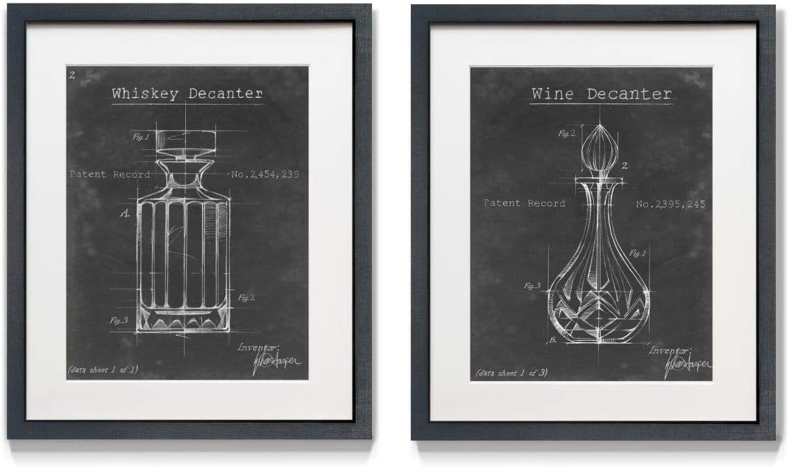 Blueprint Decanter 2 Piece Framed Artwork Set, Whiskey & Wine, Bar ...