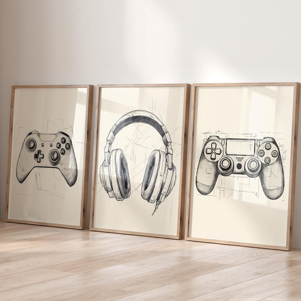 Blueprint Gaming Sketch Prints Gamer Boys Room Wall Art Decor Set 3 ...