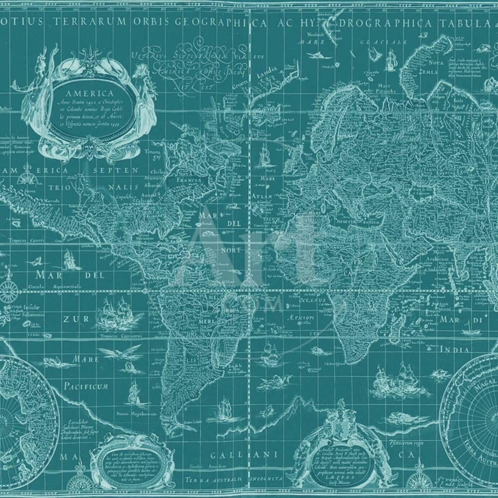 Blueprint World Map, Teal, Unframed Art Print Wall Art by Willem Blaeu ...