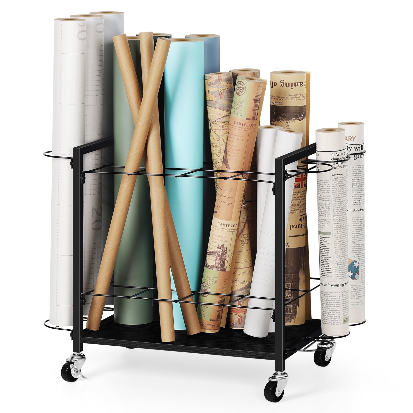 Blueprint & Wrapping Paper Storage Cart with Wheels - 18-Slot Vertical ...
