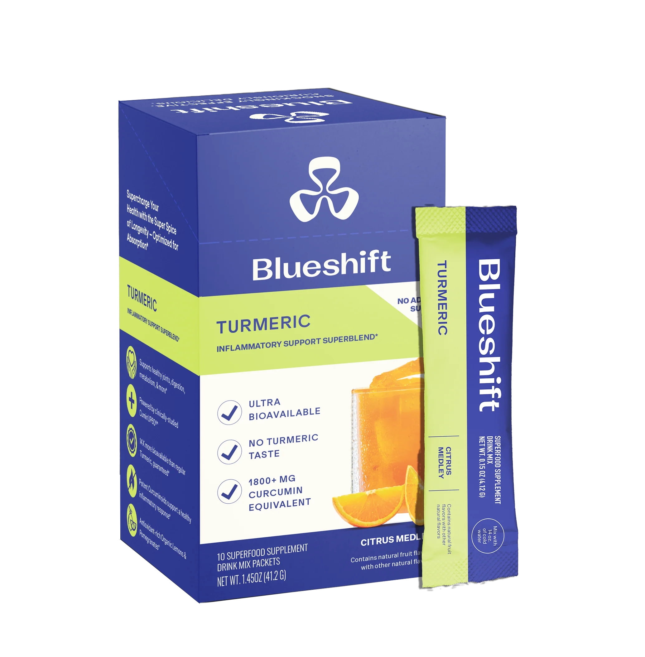 Blueshift Turmeric 10 Superfood Supplement Drink Mix Packets Citrus ...