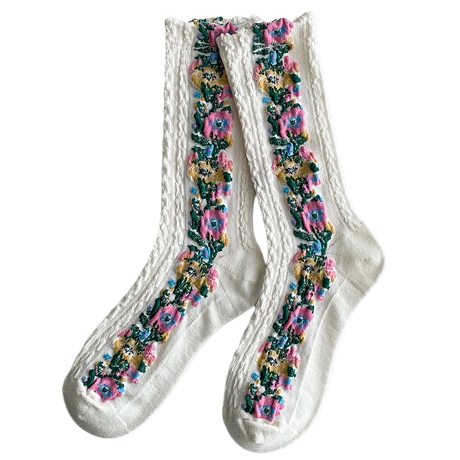 Bluethy 1 Pair Middle Tube Twist Warm Women Socks Flower Pattern Ethnic ...