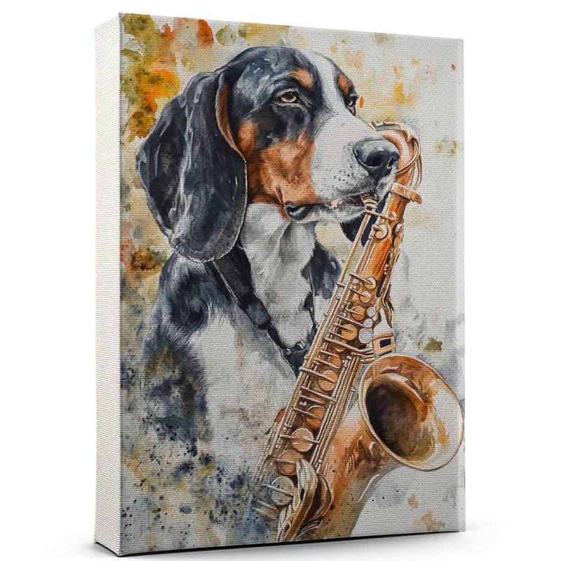 Bluetick Coonhound Dog Stretched Canvas Size 8x12 – Saxophone Theme Dog ...