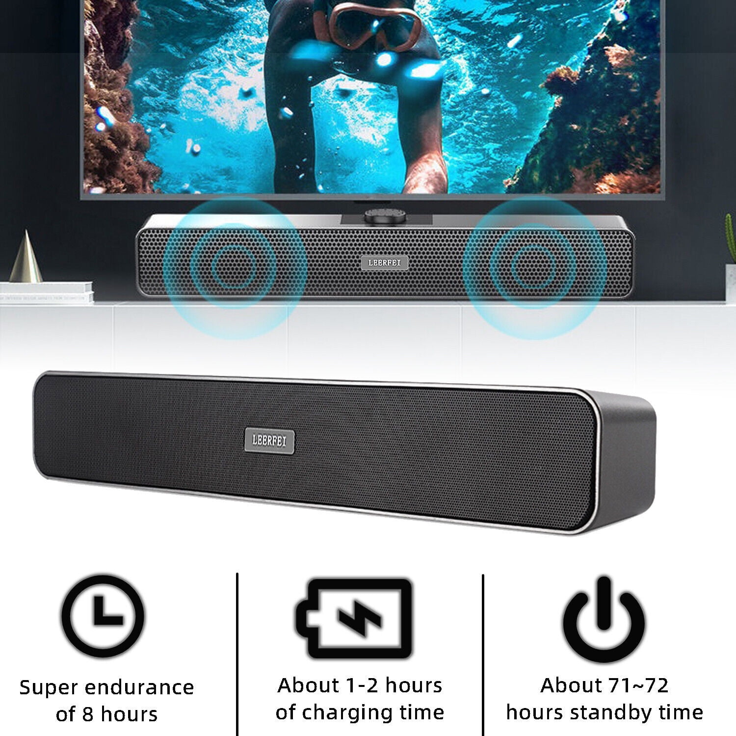 Bluetooth 5.0 Dual Speakers Surround Sound Bar System Subwoofer TV Home ...