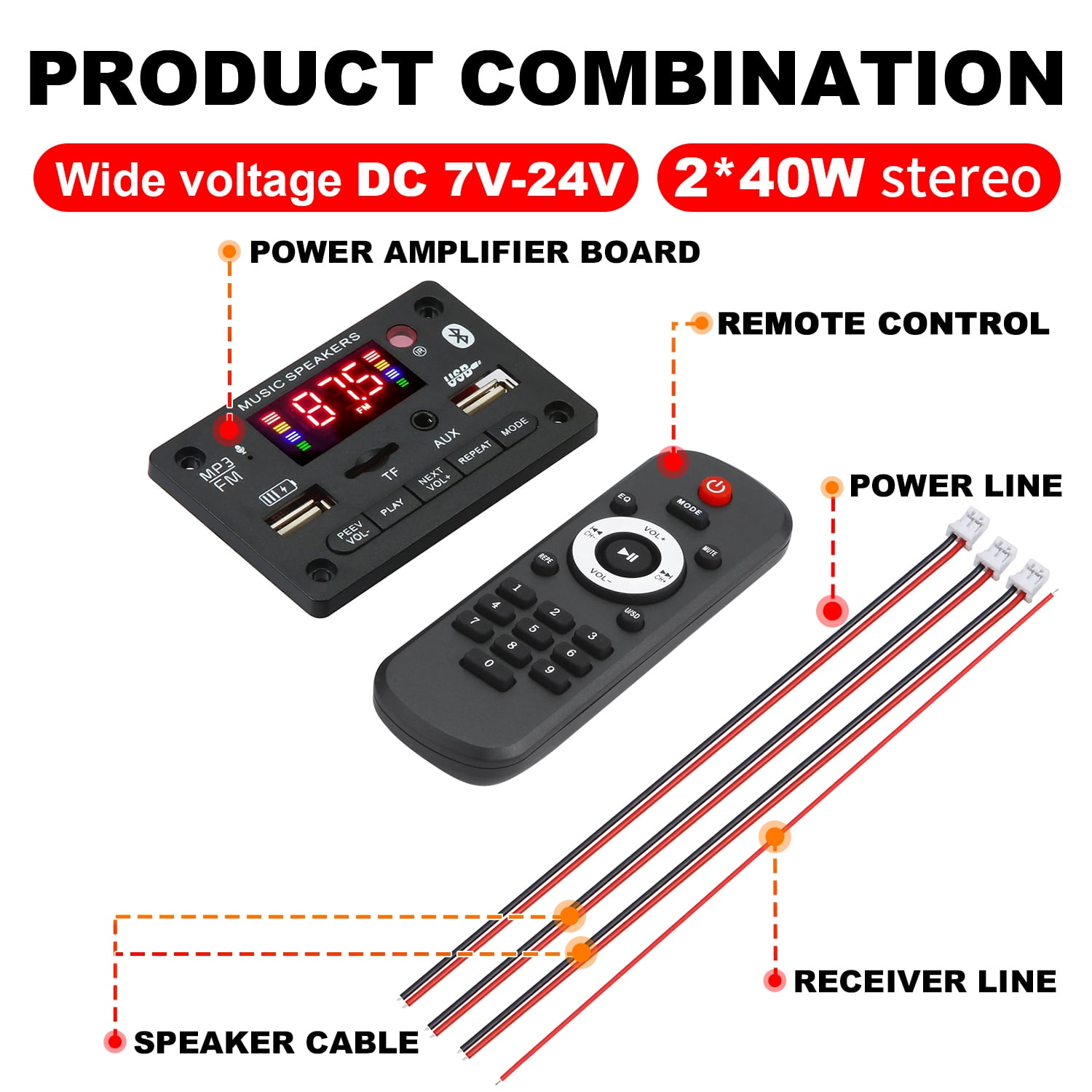 Bluetooth 5.0 MP3 Decoder Board 2*40W 80W Amplifier Audio Player 12V ...