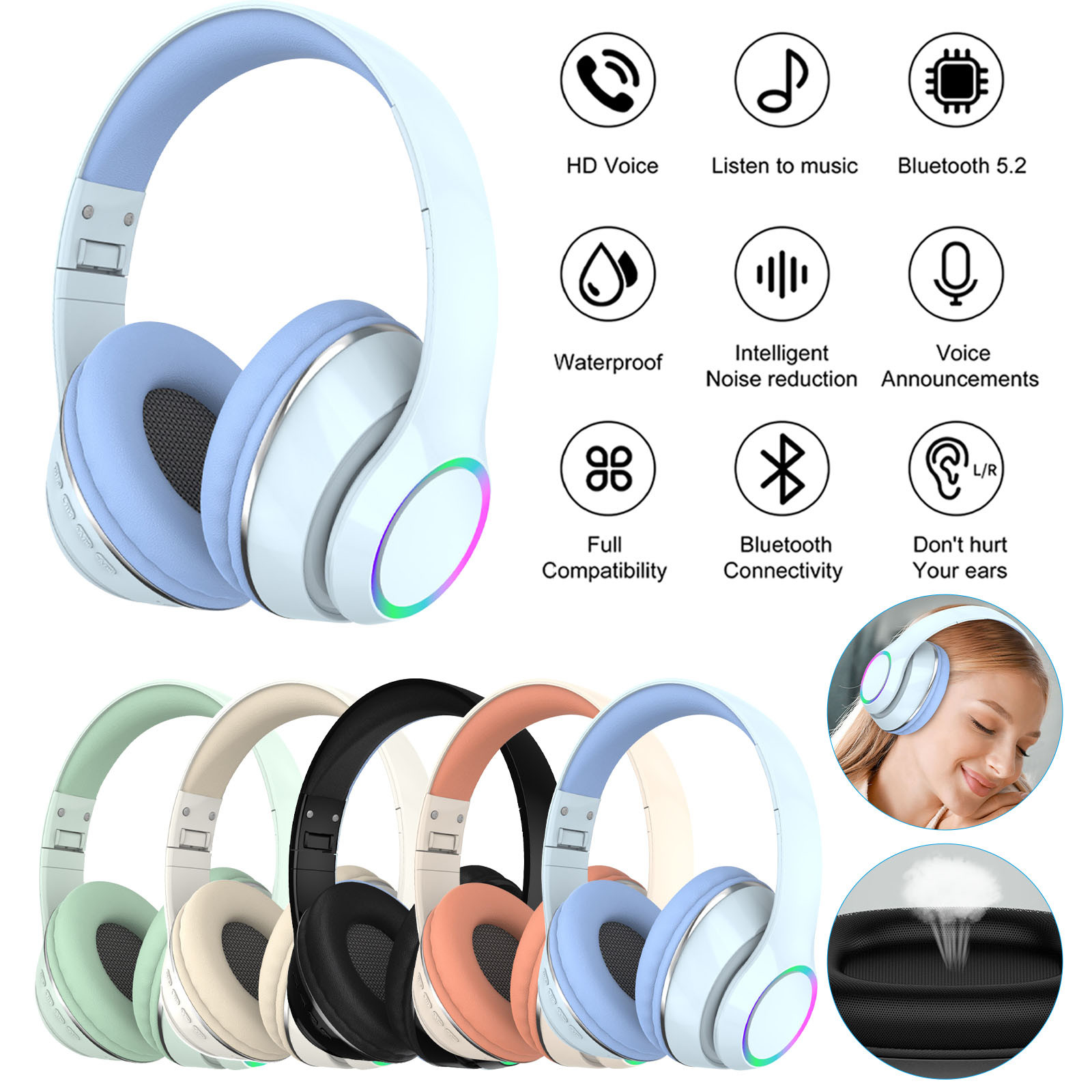 Bluetooth 5.0 Subwoofer Head-Mounted Foldable Headphones - Built-in Mic ...