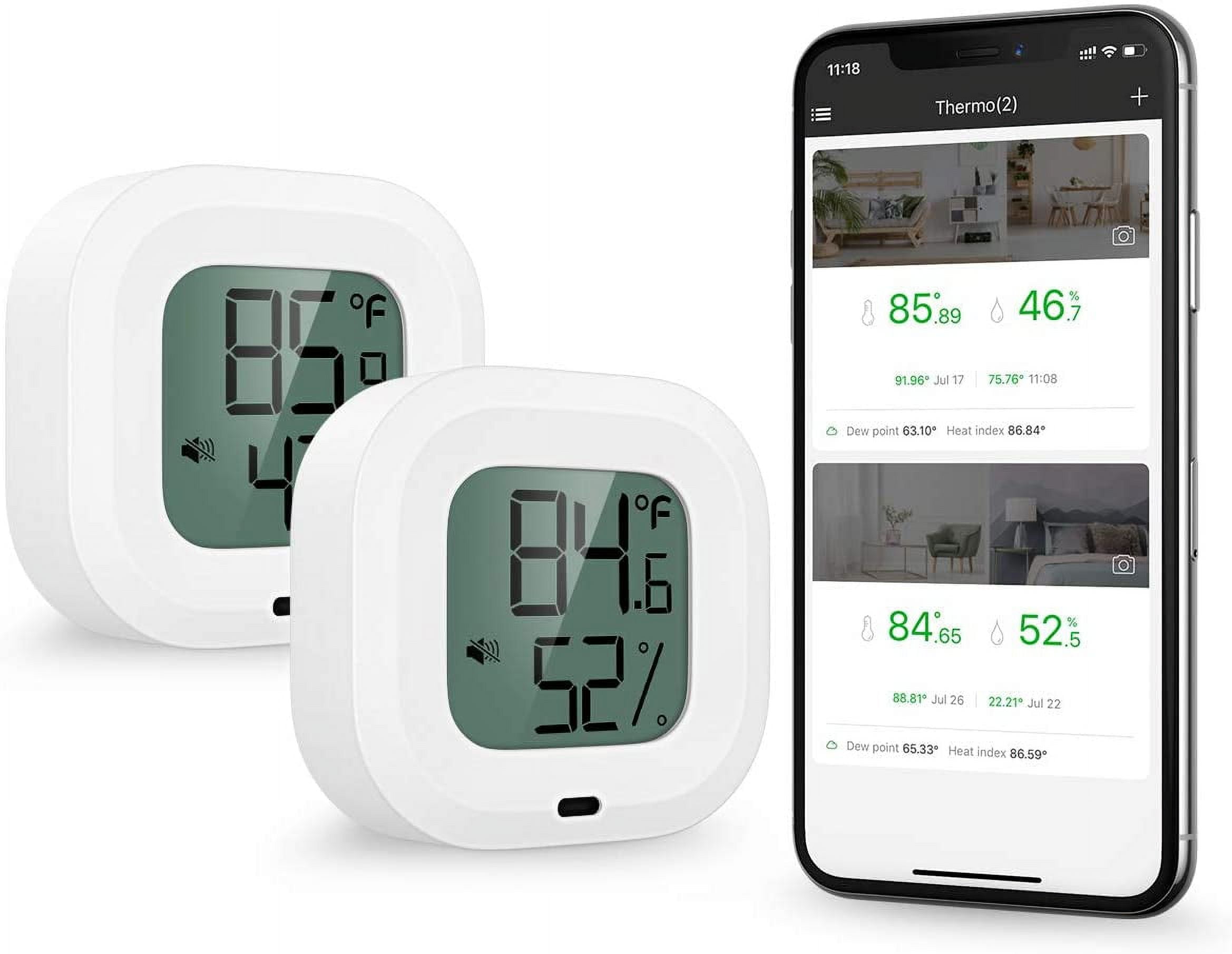 Bluetooth 5.0 Thermometer Hygrometer, 2Pcs Wireless App Control ...