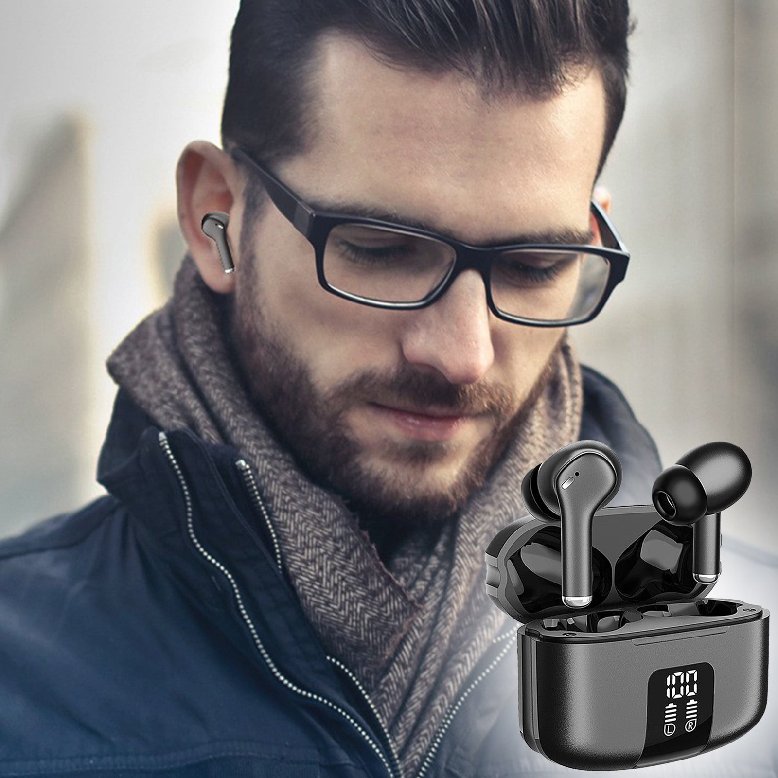 Bluetooth 5.0 Wireless Earbuds | IPX5 Sweatproof In-Ear Headset with Microphone | LED Power ...