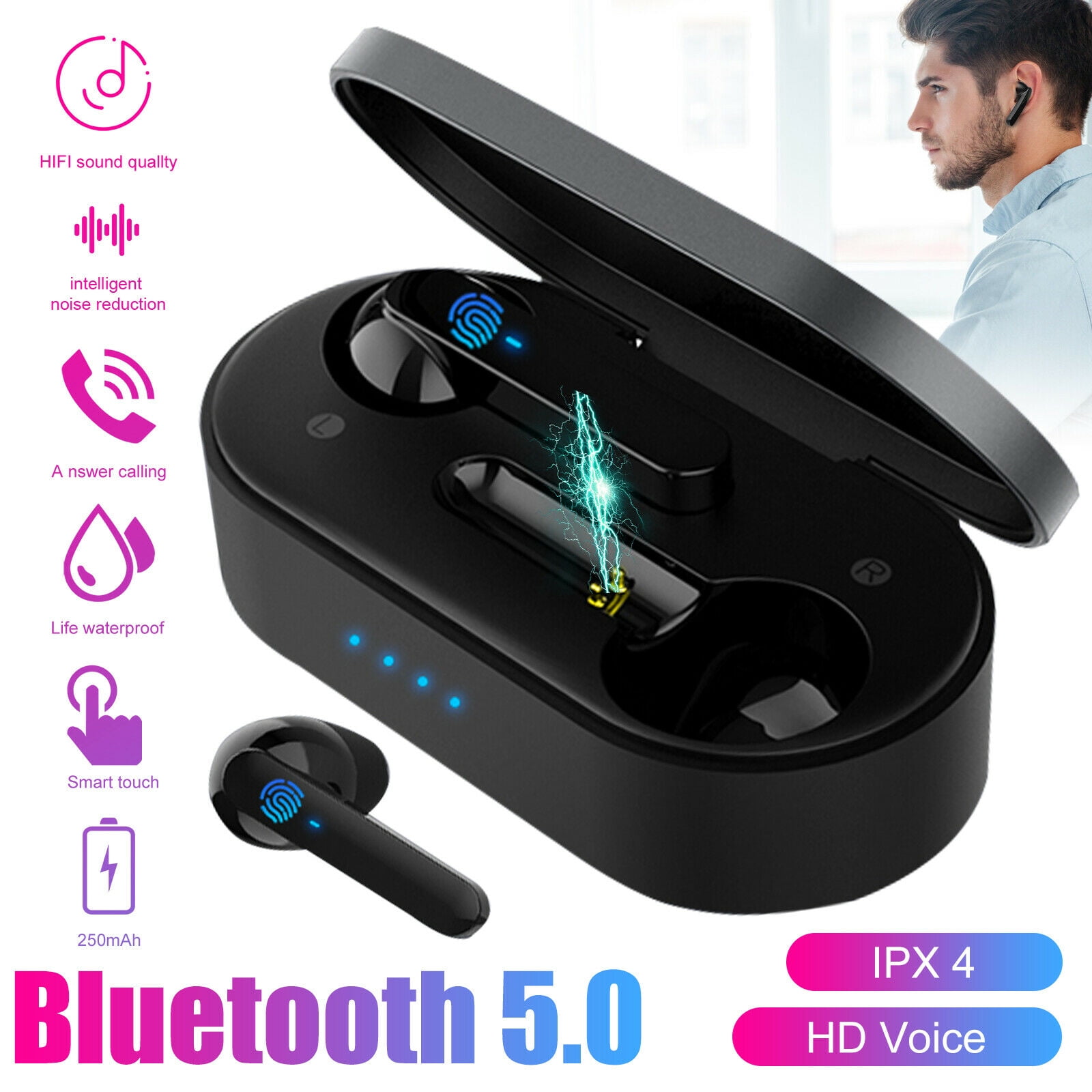 Bluetooth 5.0 Wireless Earbuds with Wireless Charging Case IPX4 Waterproof TWS Stereo Headphones ...
