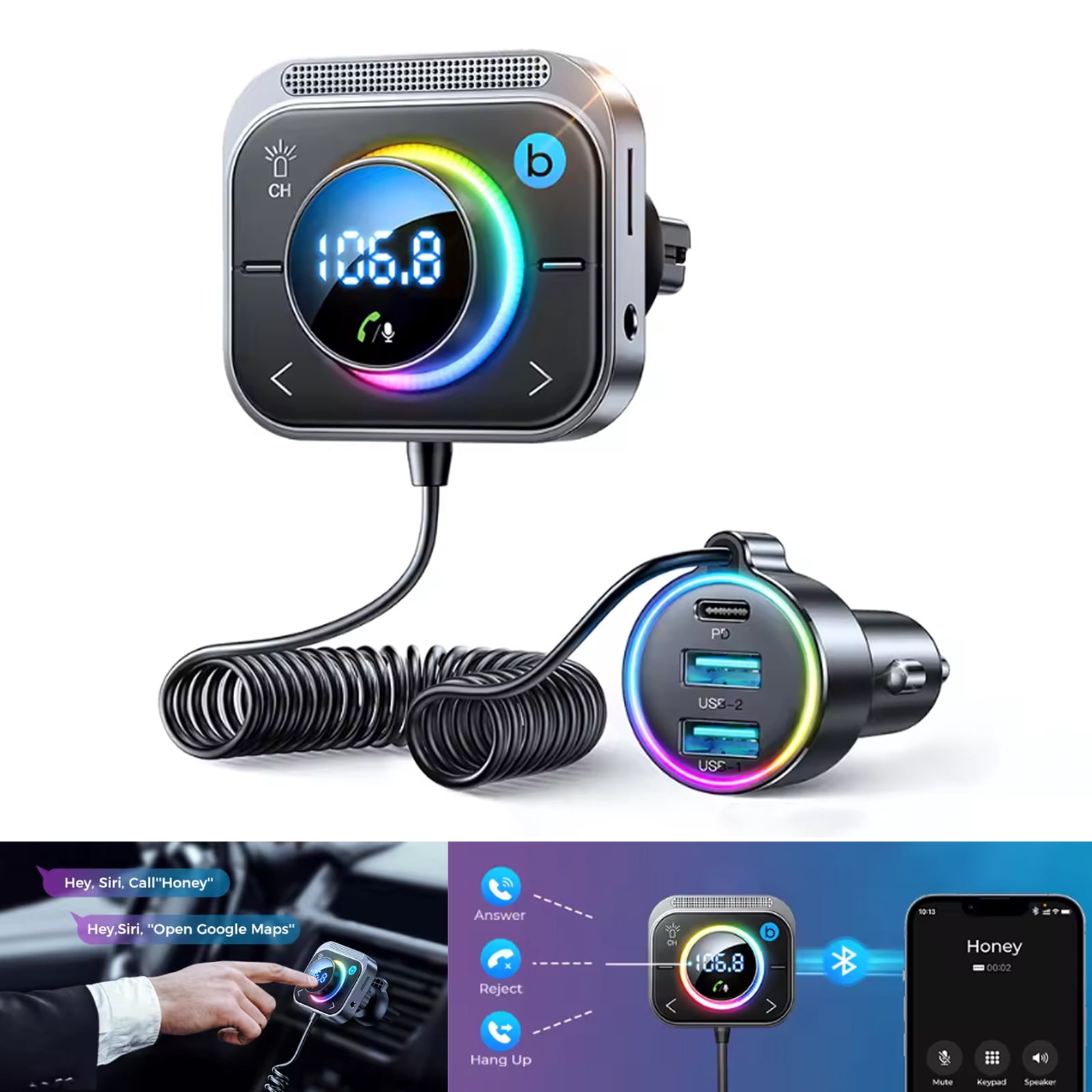 Bluetooth 5.3 Car Wireless FM Transmitter Adapter, 3-Port PD & QC 3.0 ...