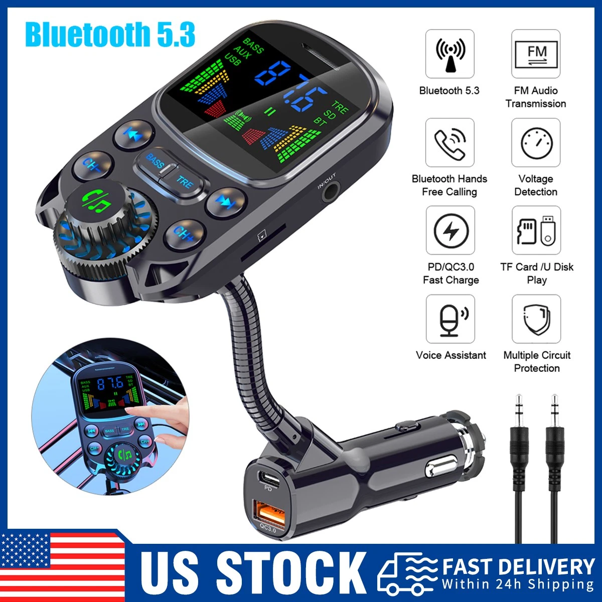 Bluetooth 5.3 MP3 Player Car Audio Quick Charger FM Transmitter Fast ...