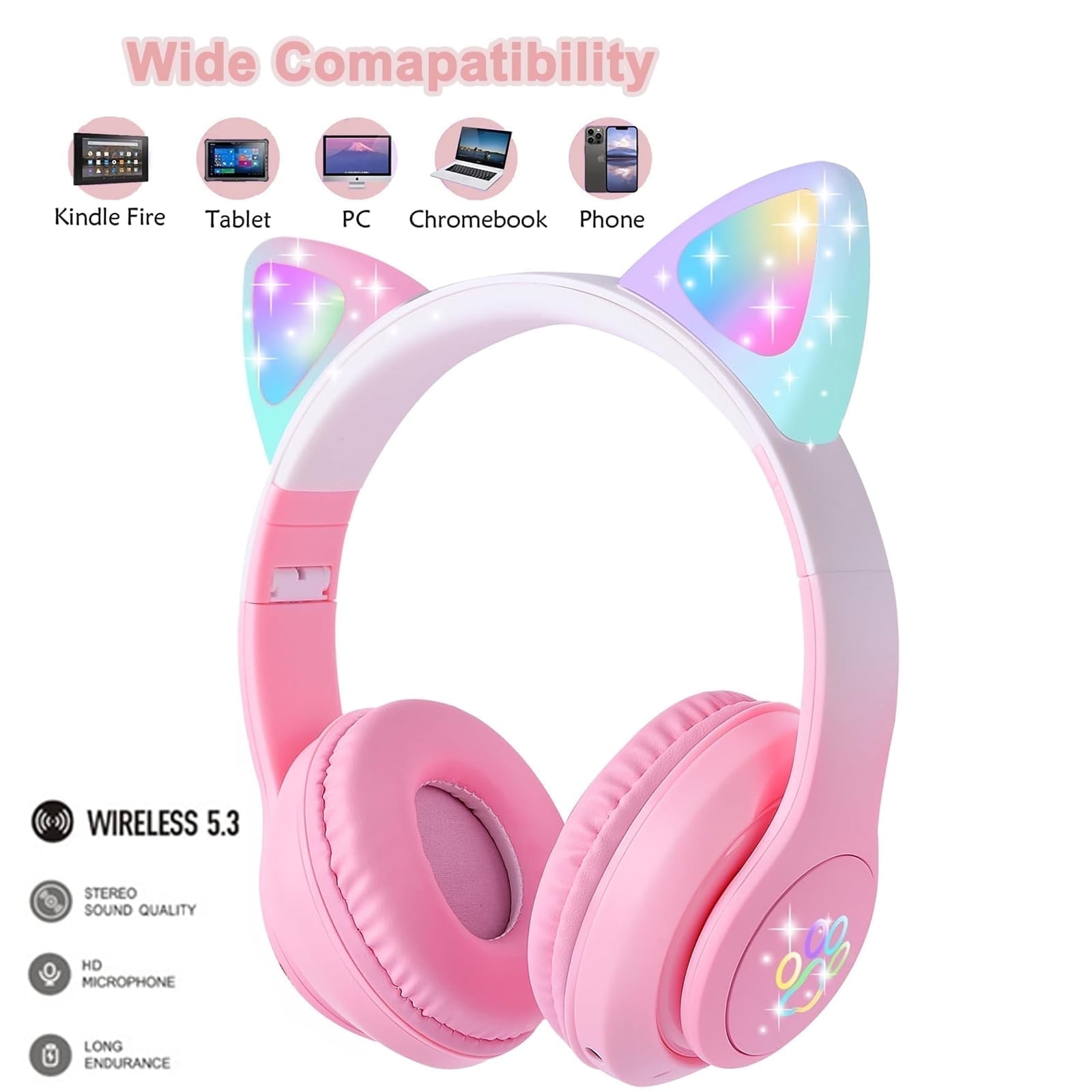 Bluetooth 5.3 Wireless Headphone Cat Ear LED Light Up Over-ear Foldable ...