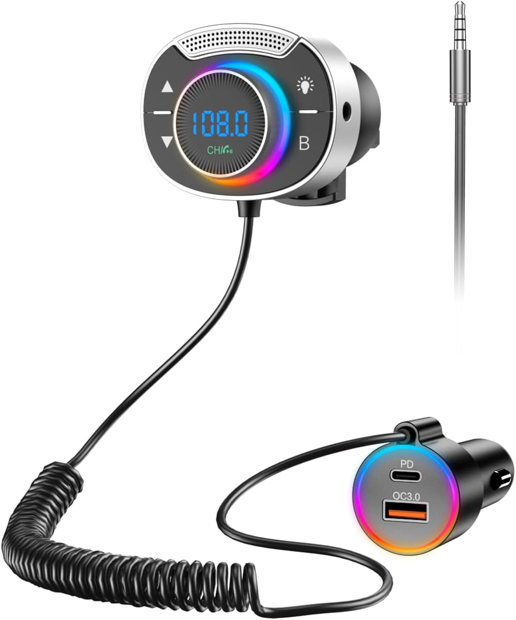 Bluetooth Car Adapter, Fast Charging, 7 LED Colors, AUX Output, U Disk ...