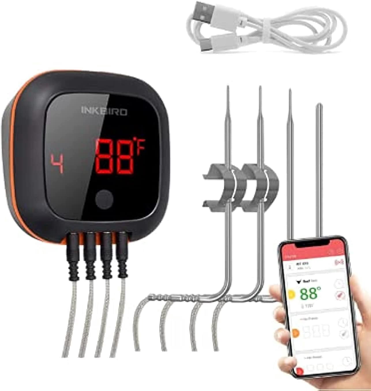 Bluetooth Digital Wireless Meat Thermometer with 4 Probes Timer, Alarm ...