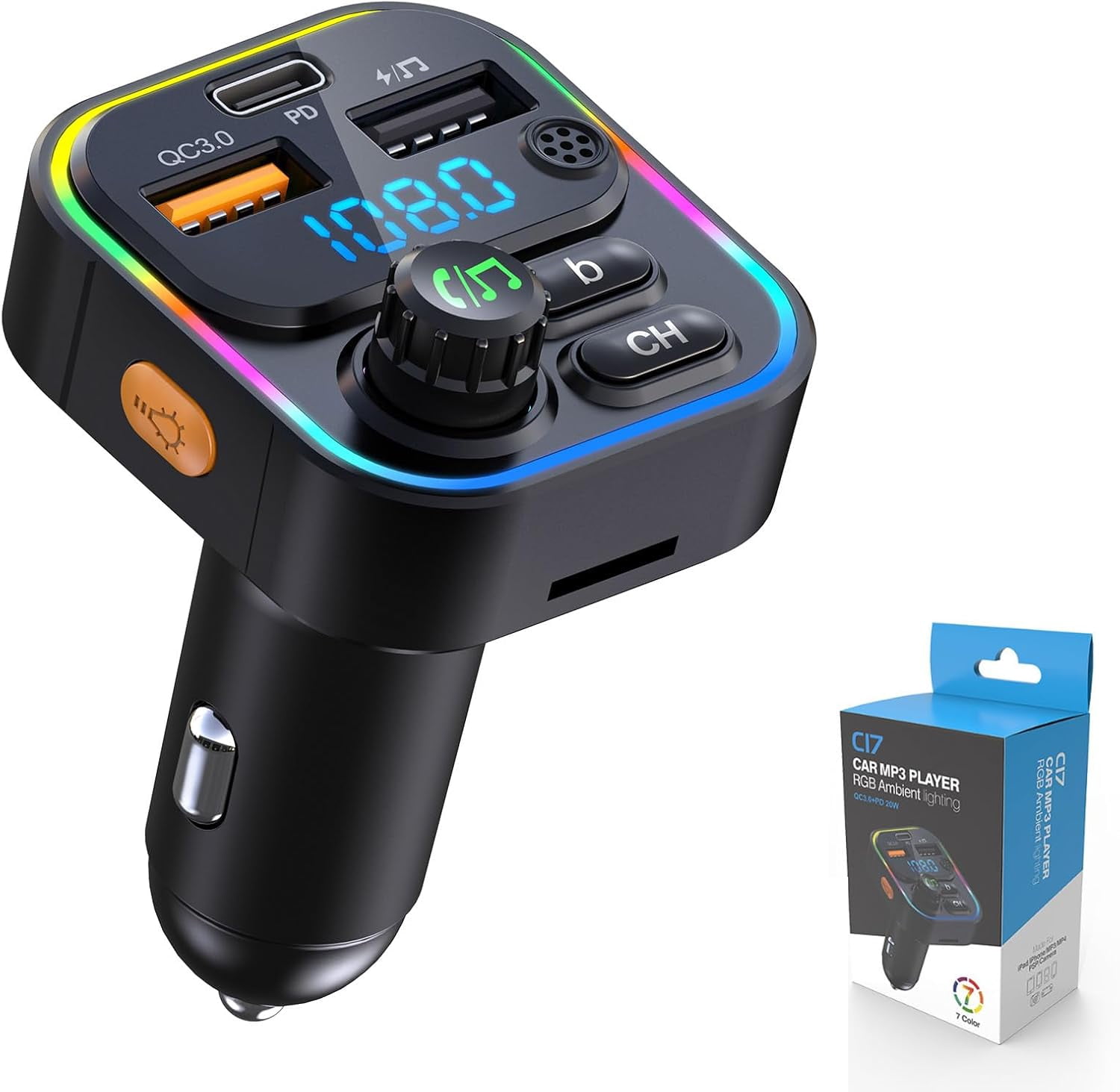 Bluetooth FM Transmitter,22.5W PD Fast Charger USB C Car Adapter， AUX ...