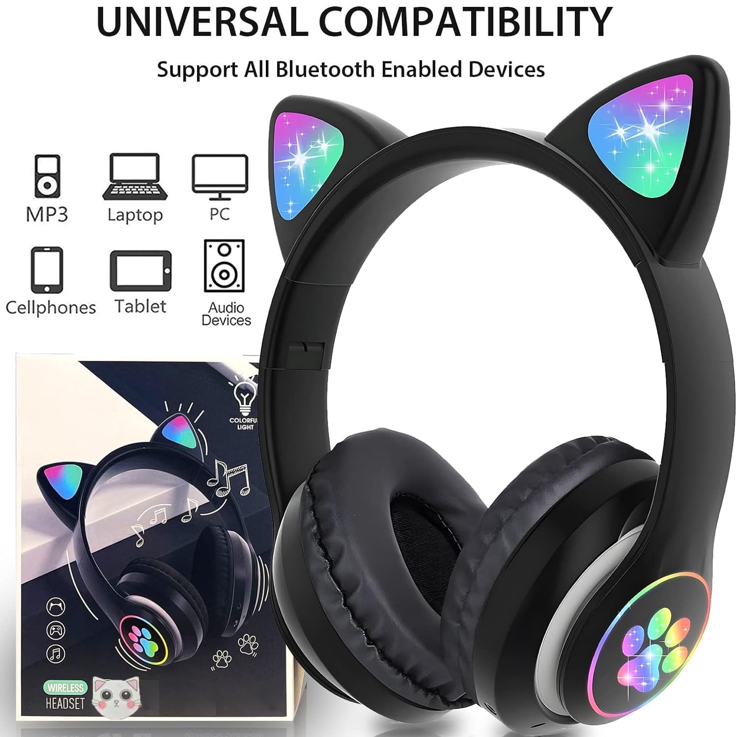 Bluetooth Headphones for Kids, Cute Ear Cat Ear LED Light Up Foldable ...