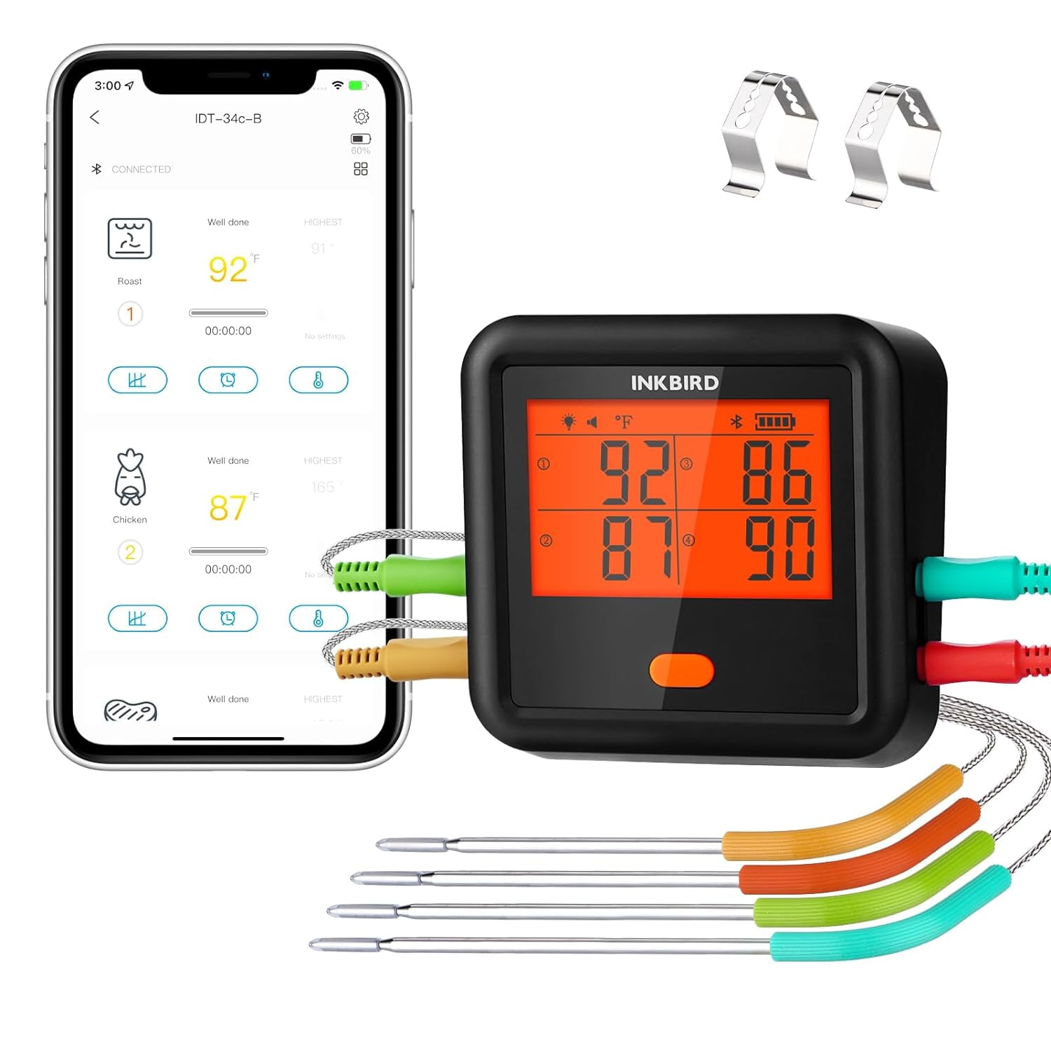 Bluetooth Meat Thermometer, 4 Probes Wireless Meat Thermometers for ...