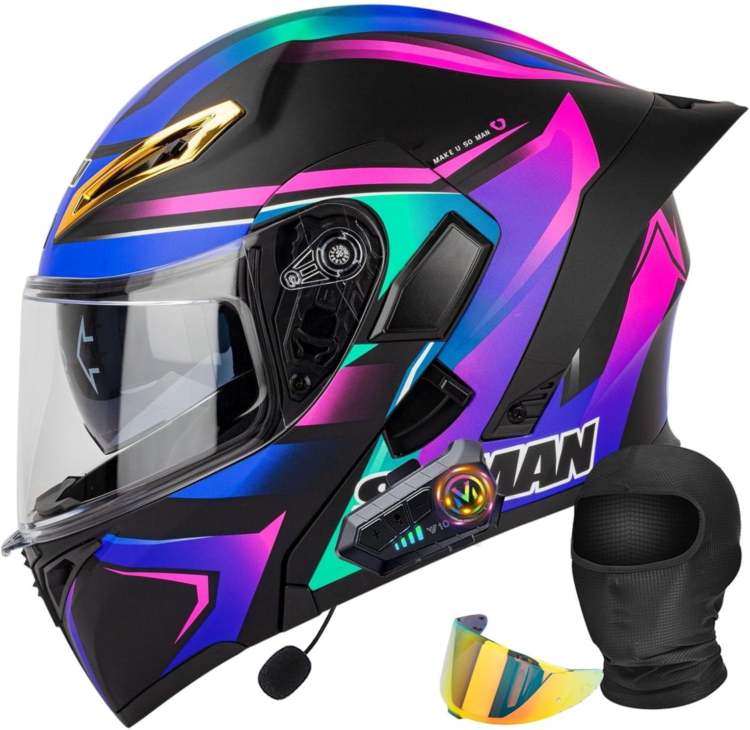 Bluetooth Motorcycle Helmet Flip Up Front Full Face DOT Approved Built ...