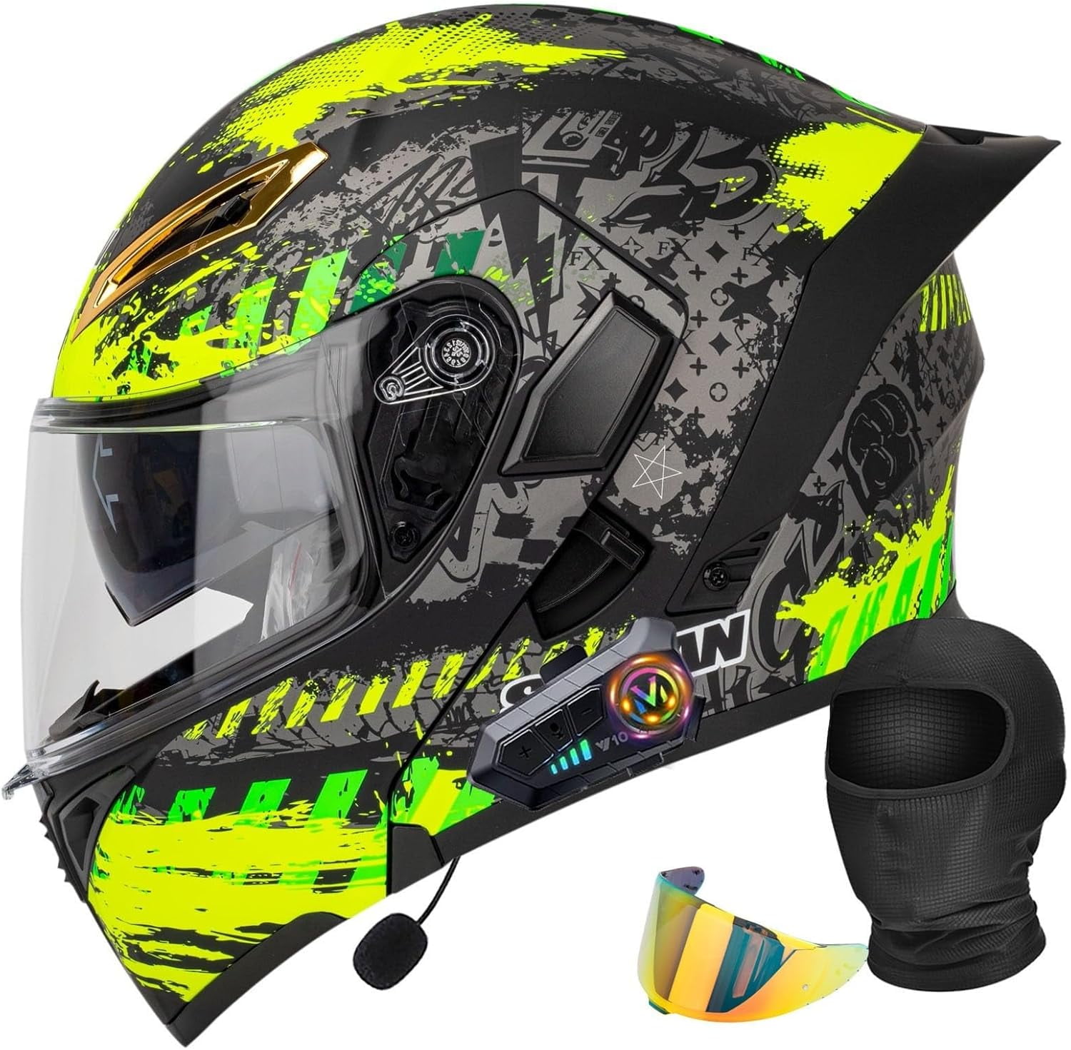 Bluetooth Motorcycle Helmet Flip Up Front Full Face DOT Approved Built ...