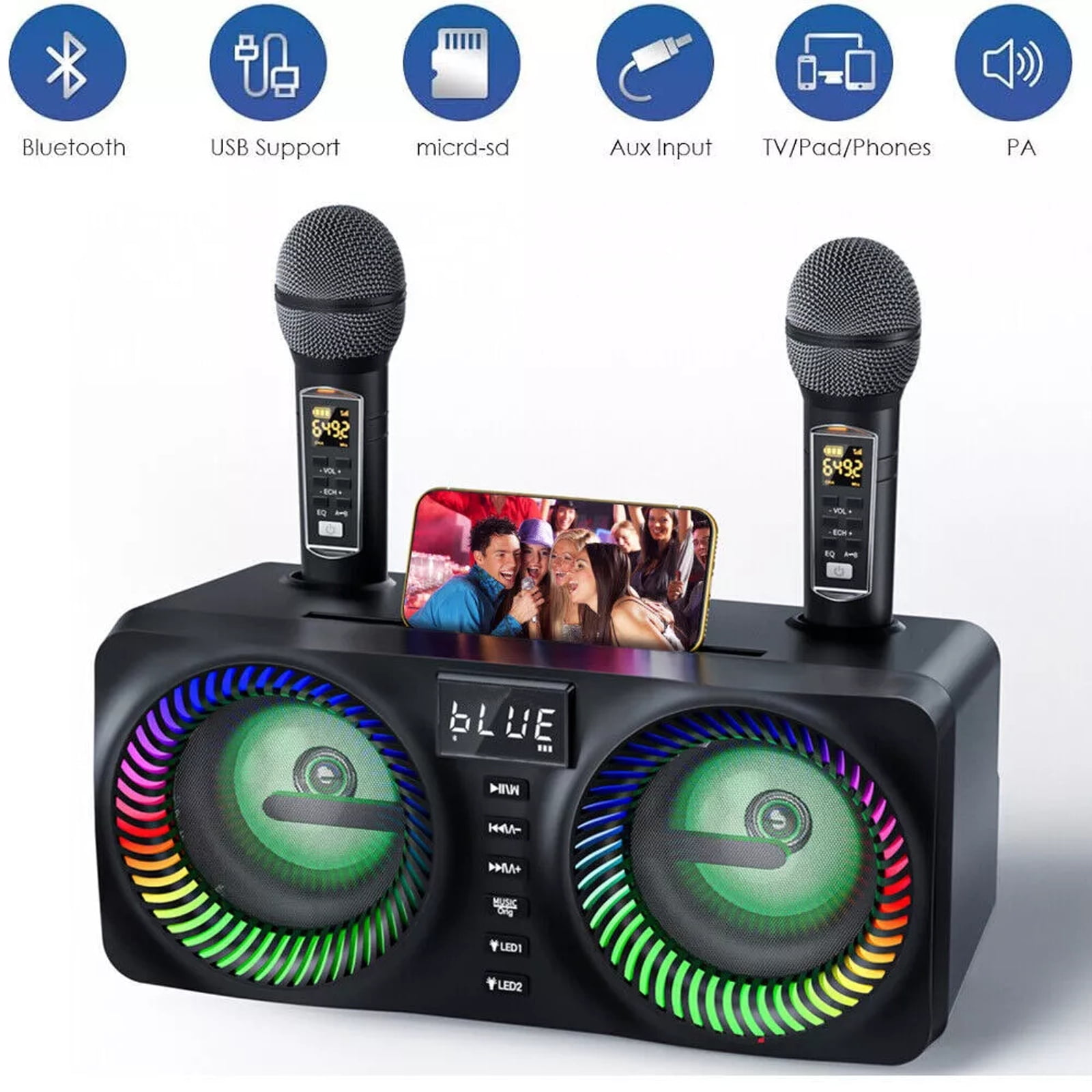 Bluetooth Portable Karaoke Machine PA System Dual Speaker 2 Wireless ...