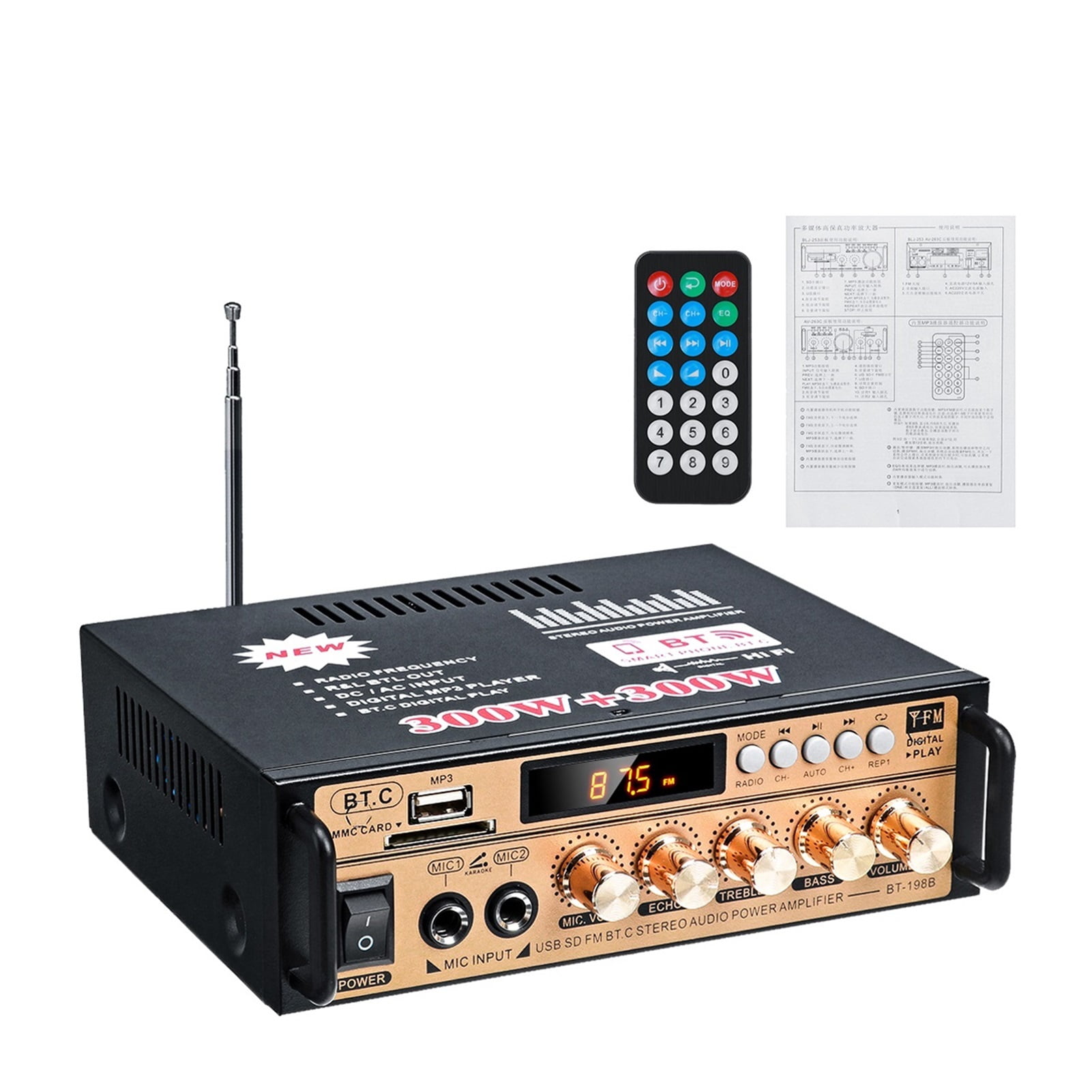 Bluetooth Power Stereo Audio Amplifier 300W+300W 2Channel FM USB SD ...