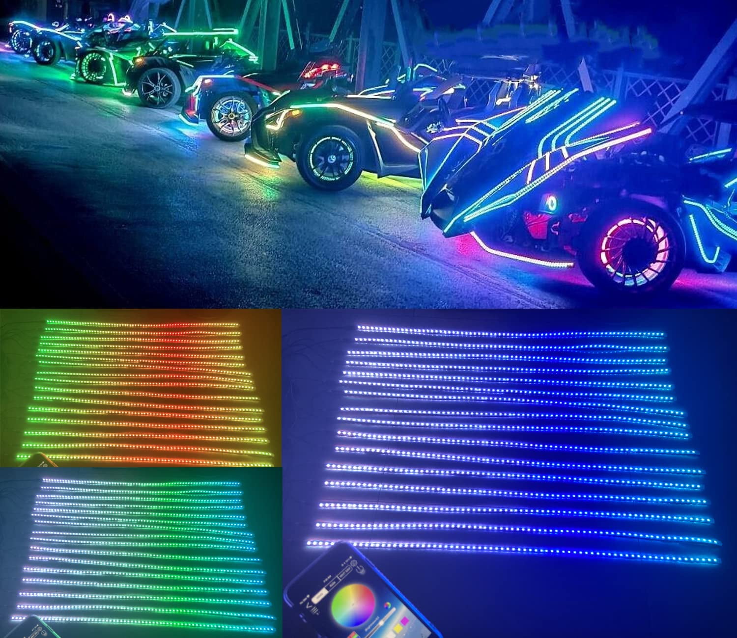 Bluetooth + Remote 14PCS KEF16 5FT Chasing Flow Underglow Hood Lights Strips Illuminated ...