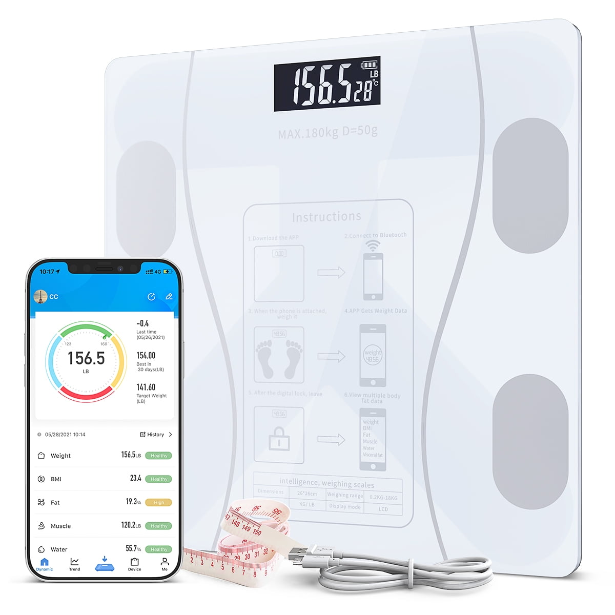 Bluetooth Smart Scale for Body Fat, Wireless Bathroom Digital Scale ...