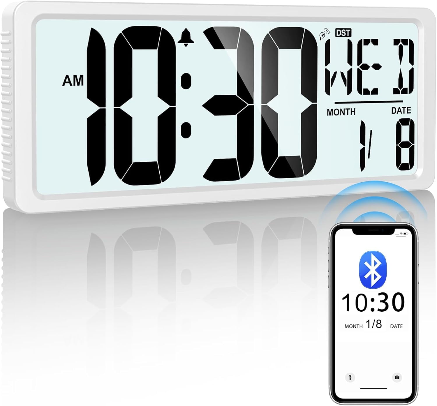 Bluetooth Time Sync Digital Wall Clock Battery Operated with Backlight ...
