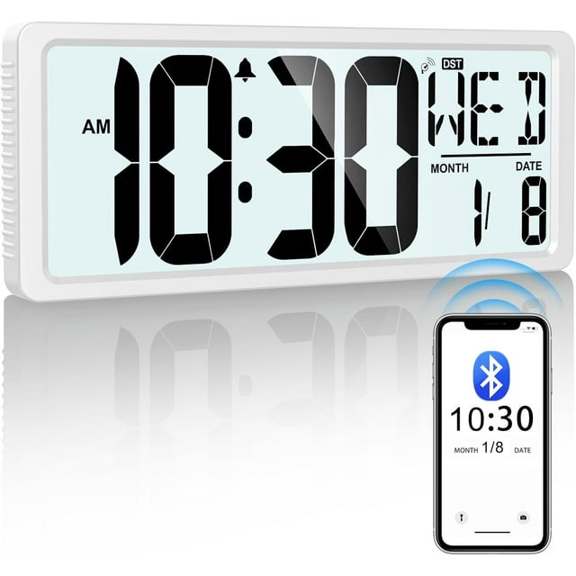 Bluetooth Time Sync Digital Wall Clock Battery Operated with Backlight ...