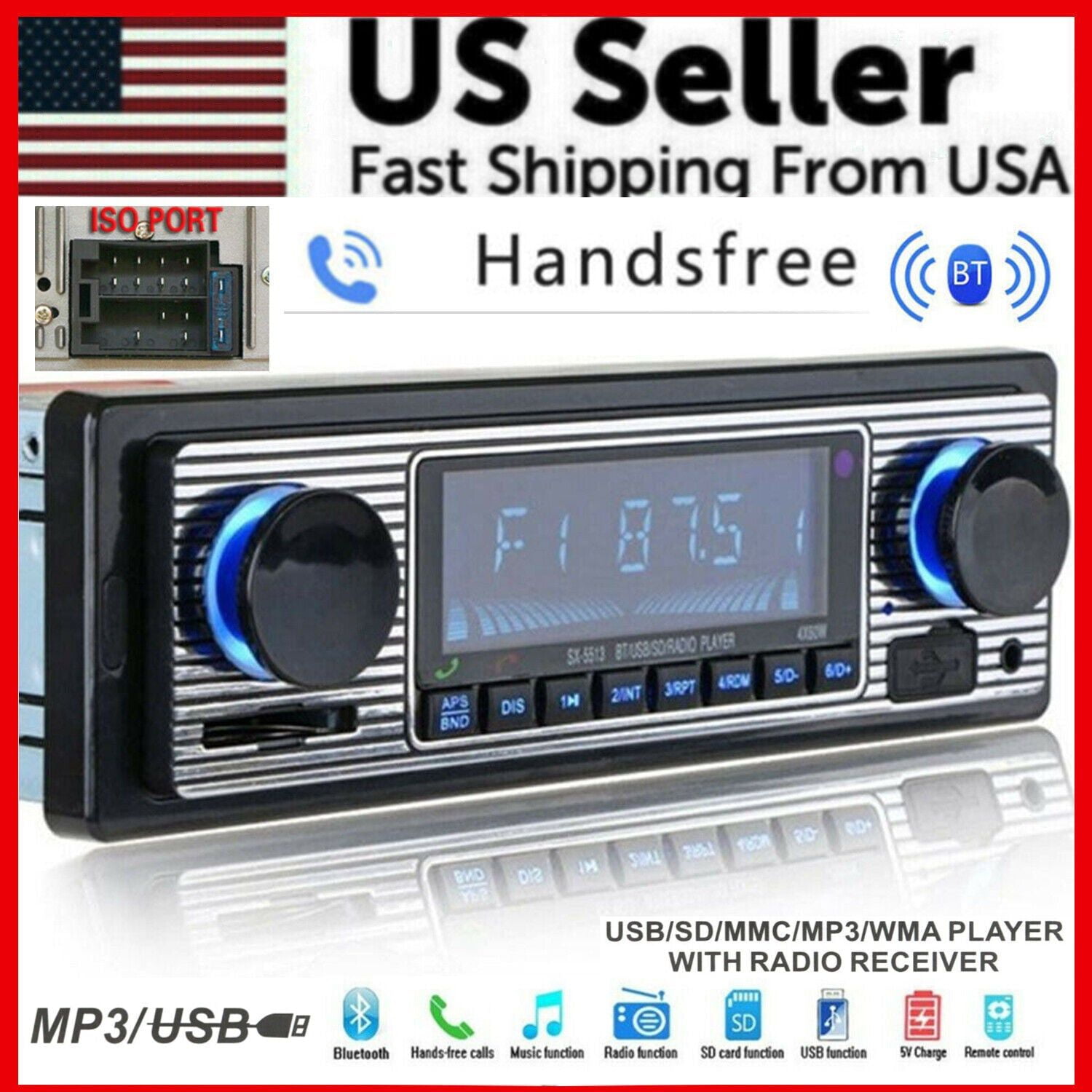 Bluetooth Vintage Car FM Radio MP3 Player USB Classic Stereo Audio ...