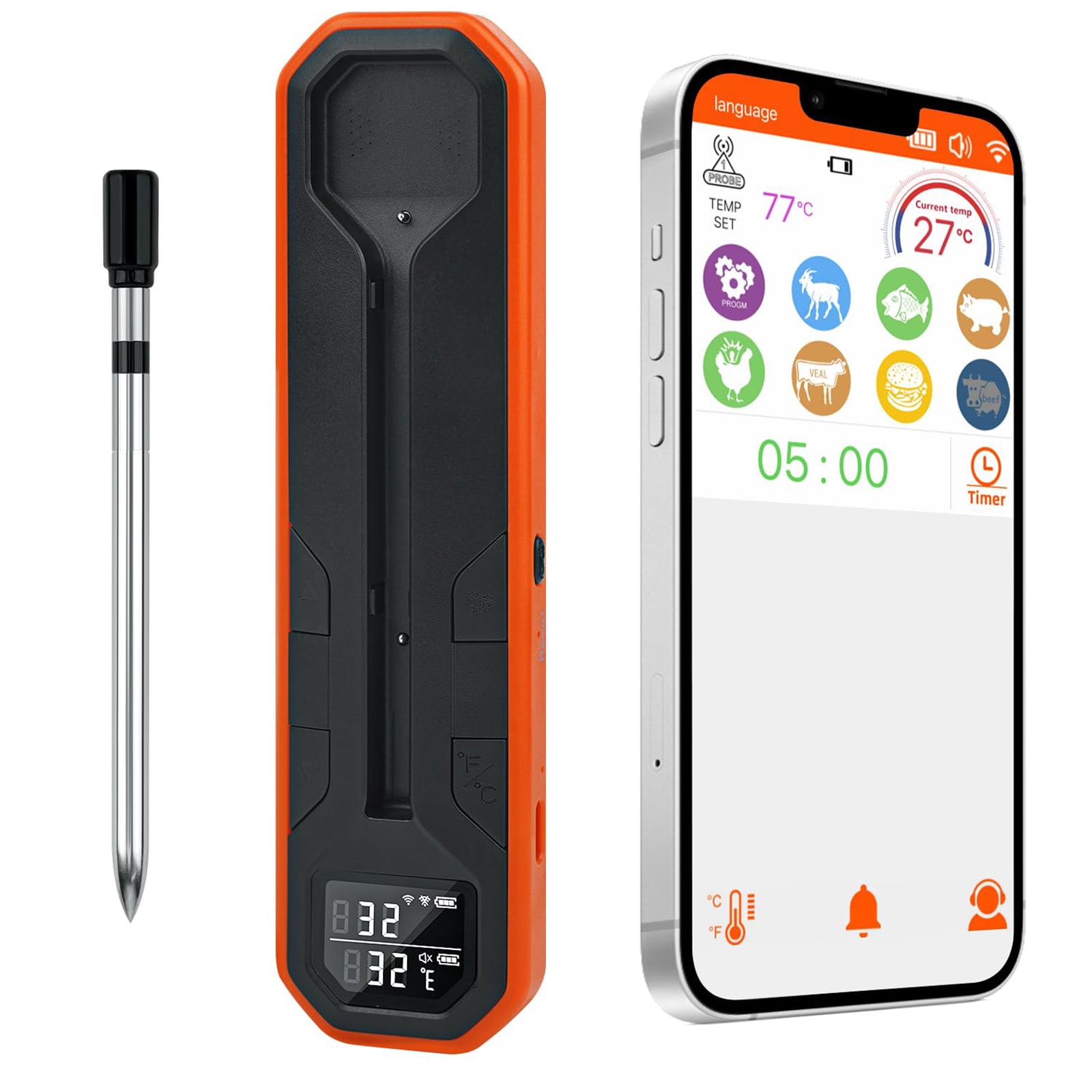 Bluetooth Wireless Meat Thermometer–Digital Cooking 500Ft Remote Range ...