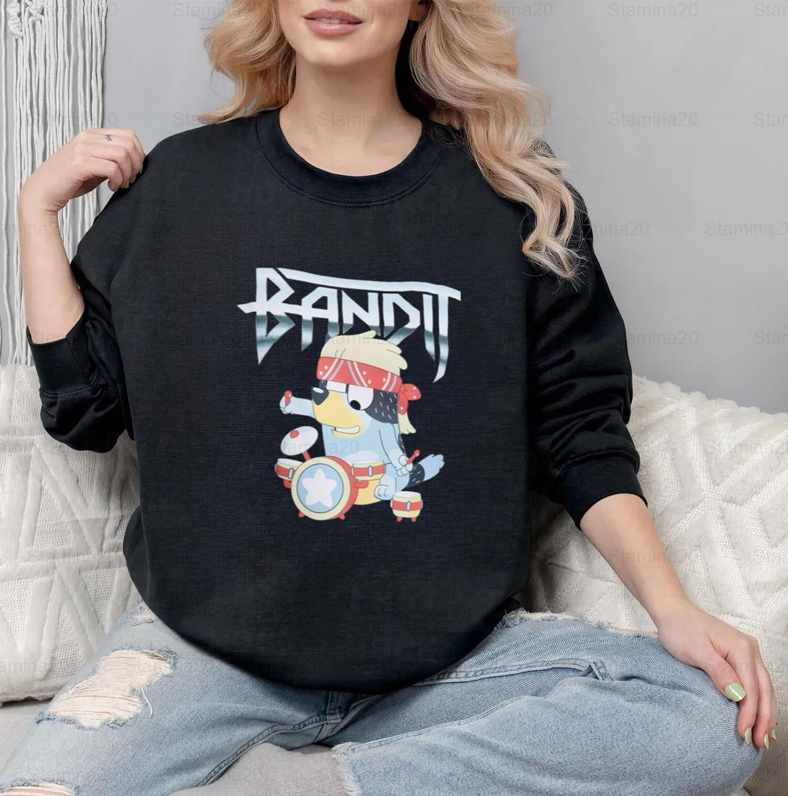 Bluey Bandit Playing Drums in Varsity Cartoon Sweatshirt, for men ...