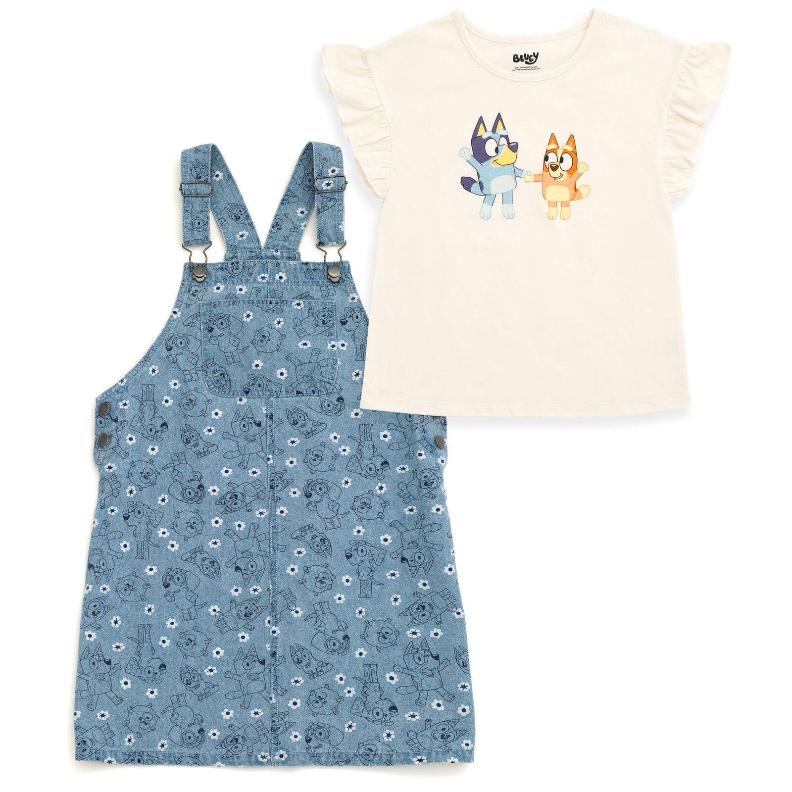 Bluey Bingo Chloe Floral Vintage Wash Denim Overall Dress and T-Shirt ...