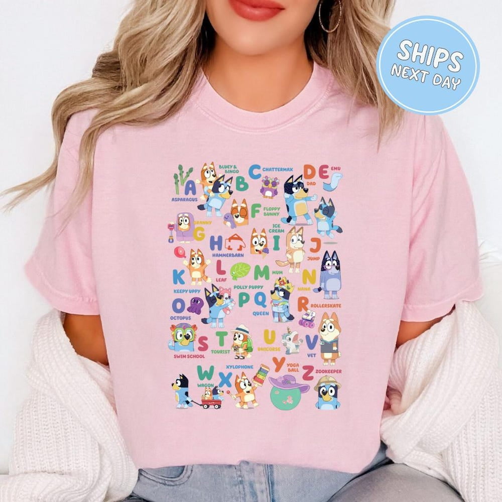 Bluey Blue Dog Alphabet Tee, Blue Dog School Shirt For Blue Animation ...