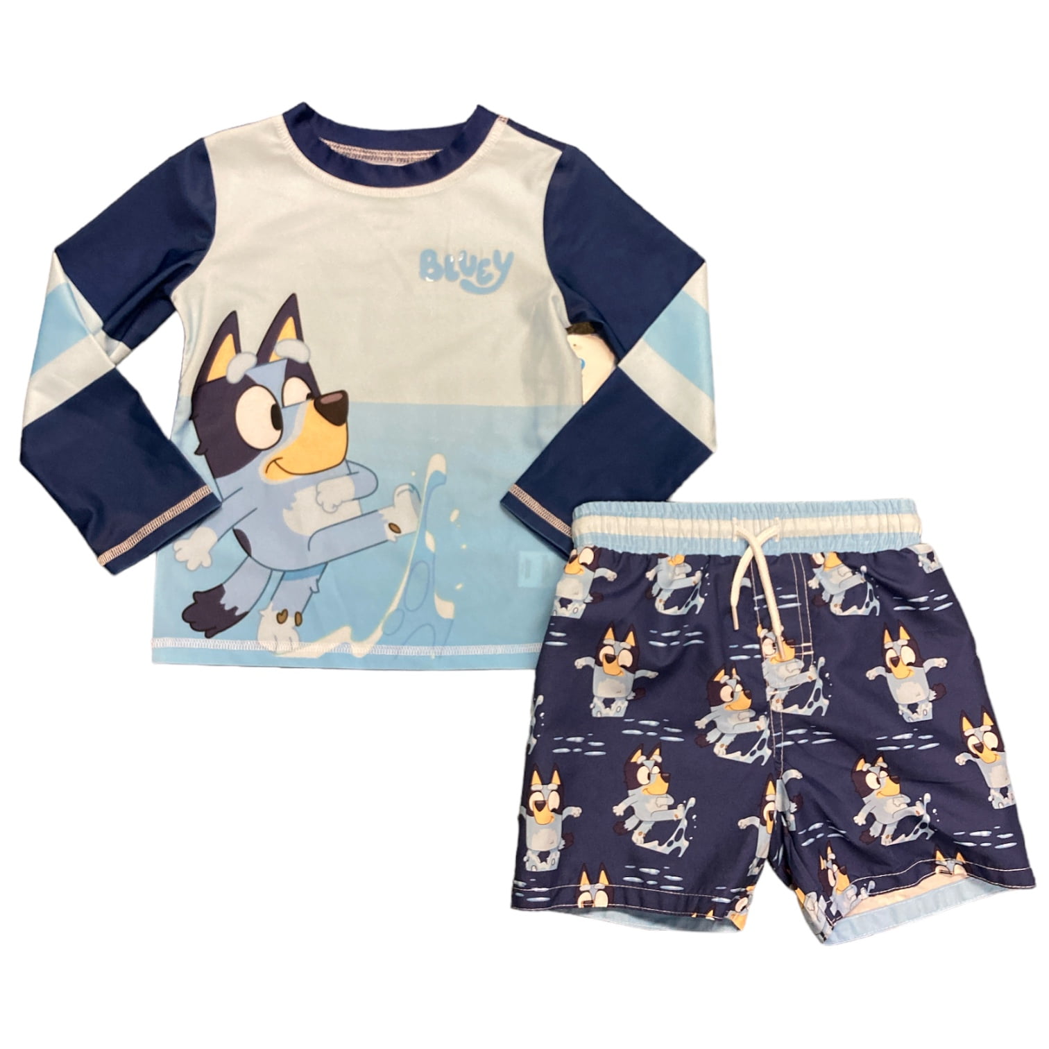 Bluey Boy's 2 Piece UPF+ 50 Long Sleeve Rash Guard and Swim Trunk Set ...