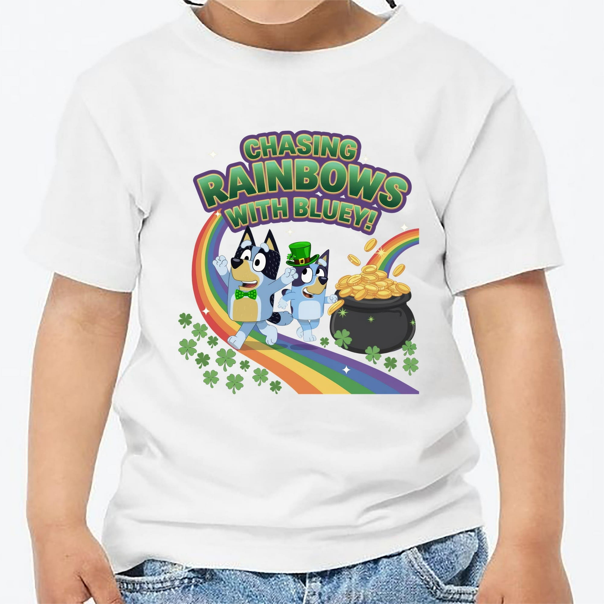 Bluey Chasing Rainbows with Bluey, Lucky Shamrock Pot of Gold, Festive ...