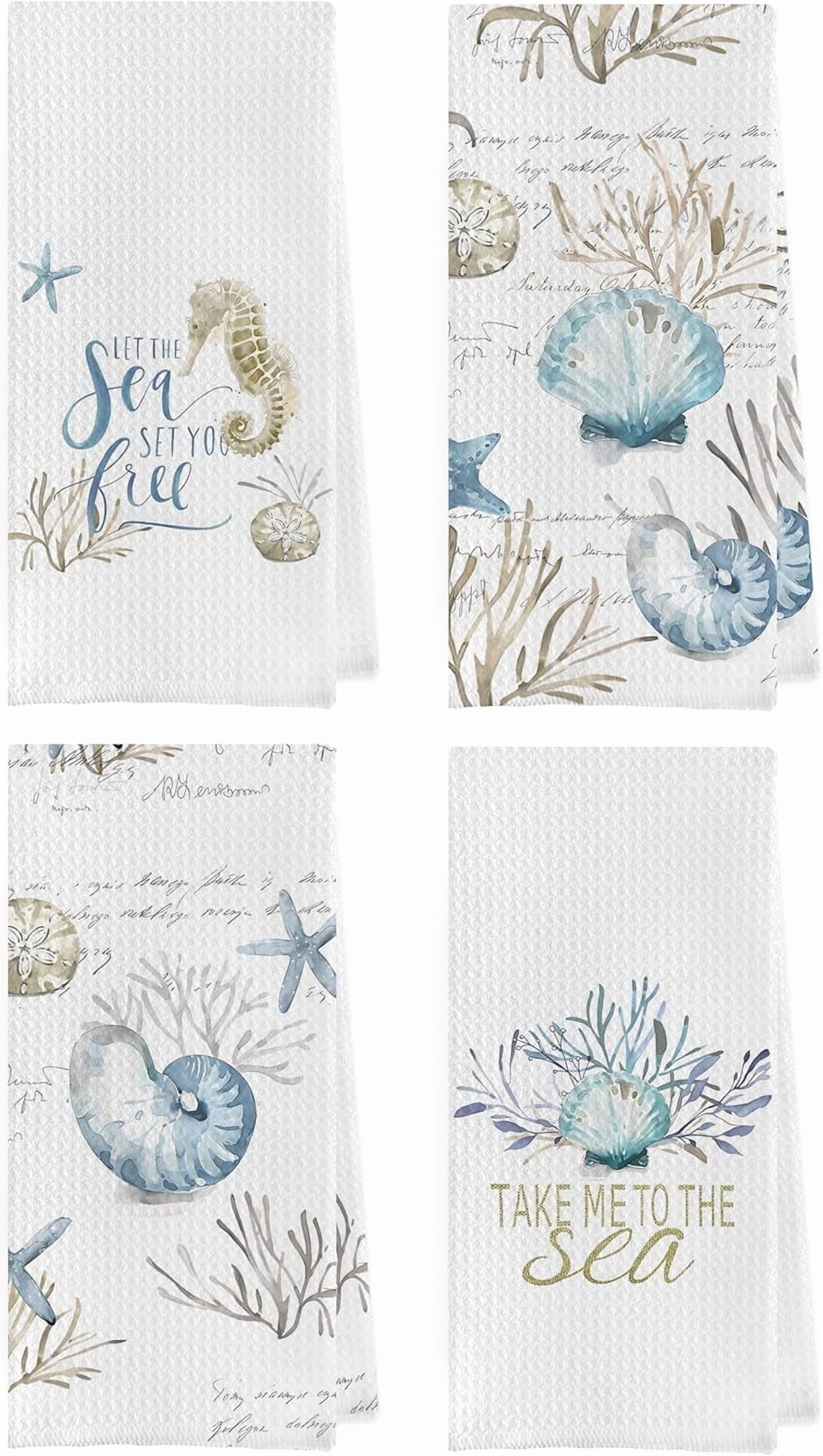 Bluey Coastal Dish Towels Set - Coastal Seashell Waffle Weave Kitchen ...