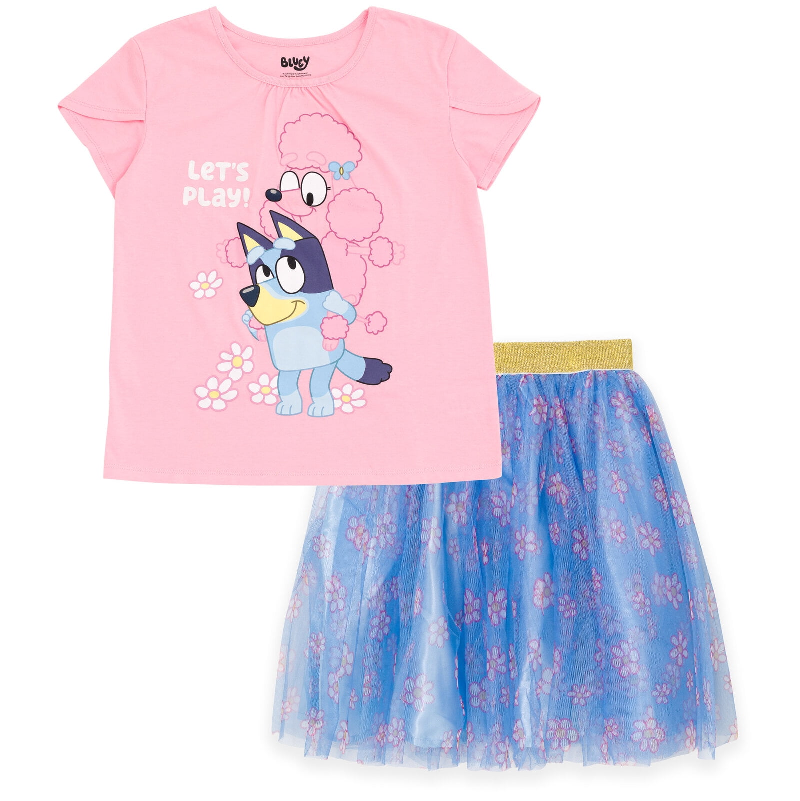 Bluey Coco Floral Little Girls T-Shirt and Tulle Mesh Skirt Satin ...