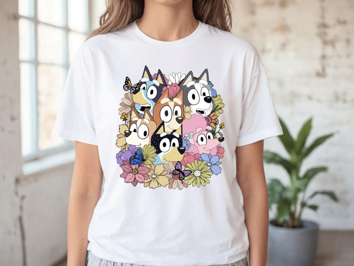 Bluey Cute Cartoon Dog Family T-shirt, Floral Aestetic Crewneck, Pastel ...