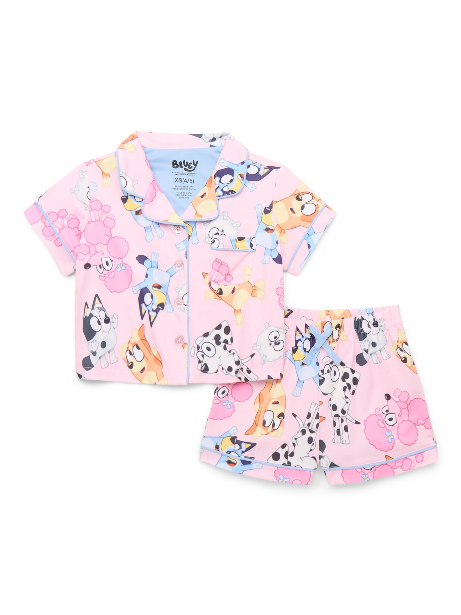 Bluey Girls' Button Front Top and Shorts Pajama Set, 2-Piece, Sizes 4 ...
