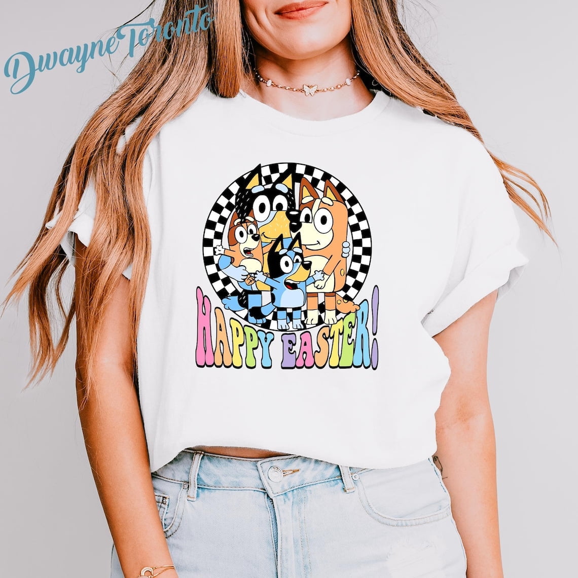 Bluey Happy Easter Day Shirt, Cartoon Dog Easter Tee, Checkered Easter ...