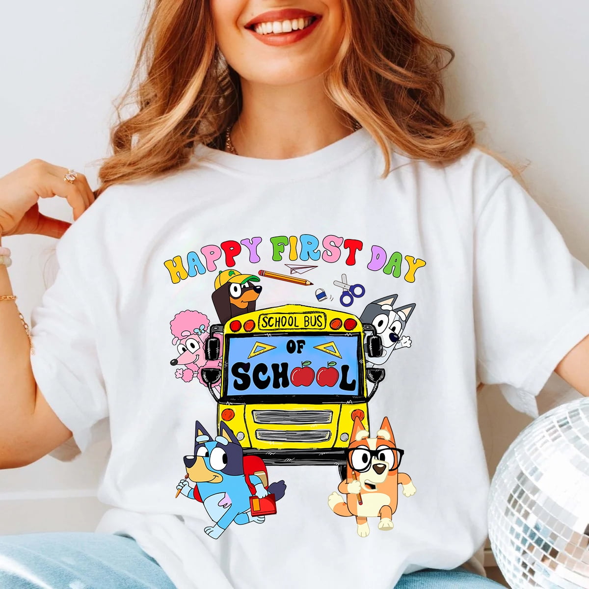 Bluey Happy First Day Of School T-Shirt, Bluey Dog School Bus Shirt ...