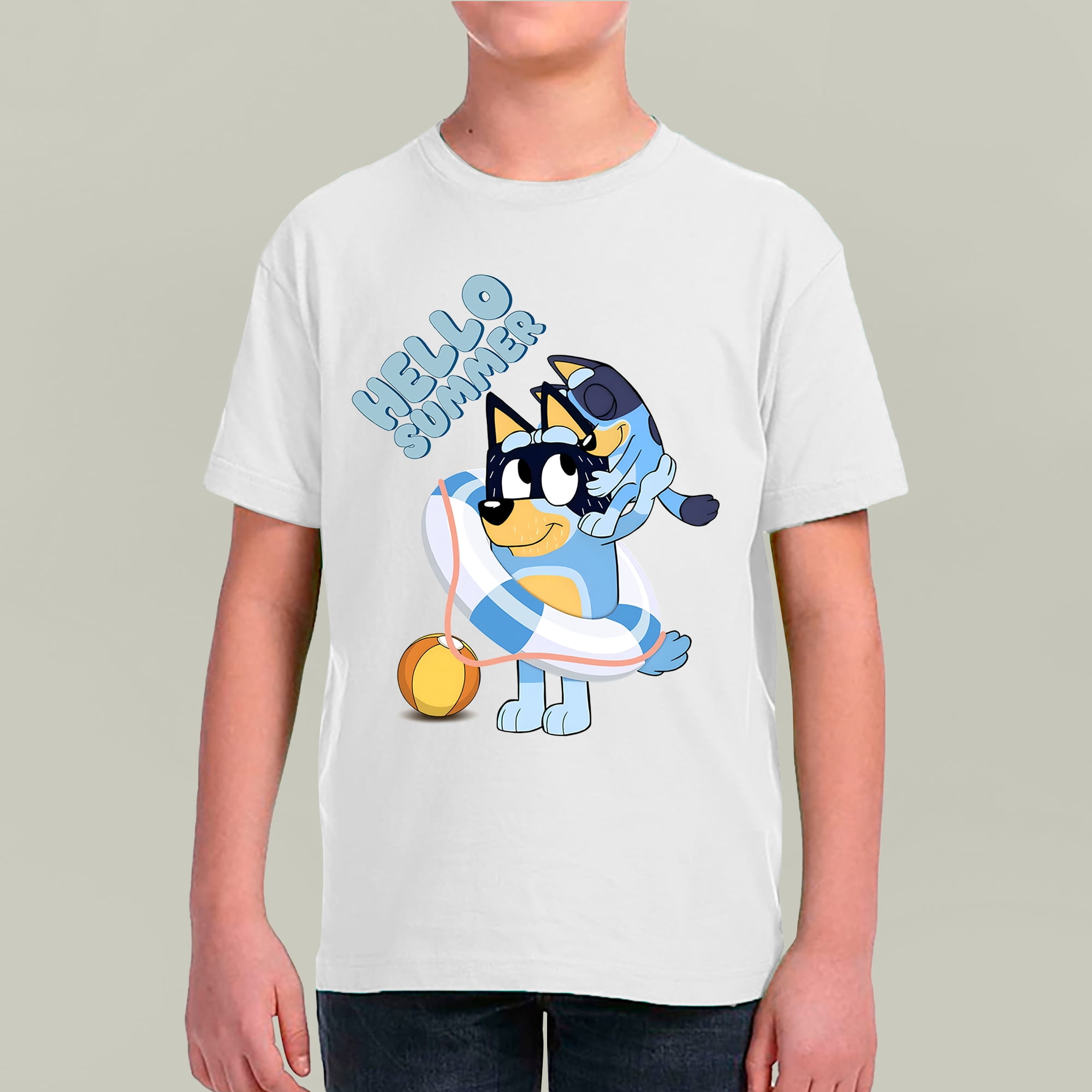 Bluey Hello Summer Vacation T-Shirt Kid Shirt, Size M, Natural Tee ...